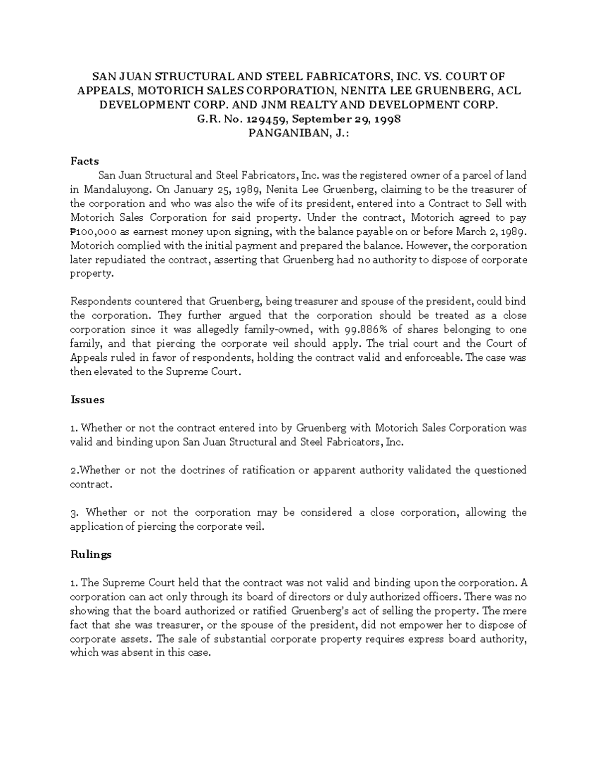 SAN JUAN STRUCTURAL AND STEEL FABRICATORS, INC. VS. MOTORICH SALES CORP ...