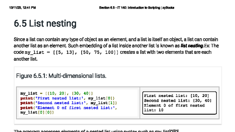 IT 140: List Nesting in Scripting I - zyBooks Section 6.5 - Studocu