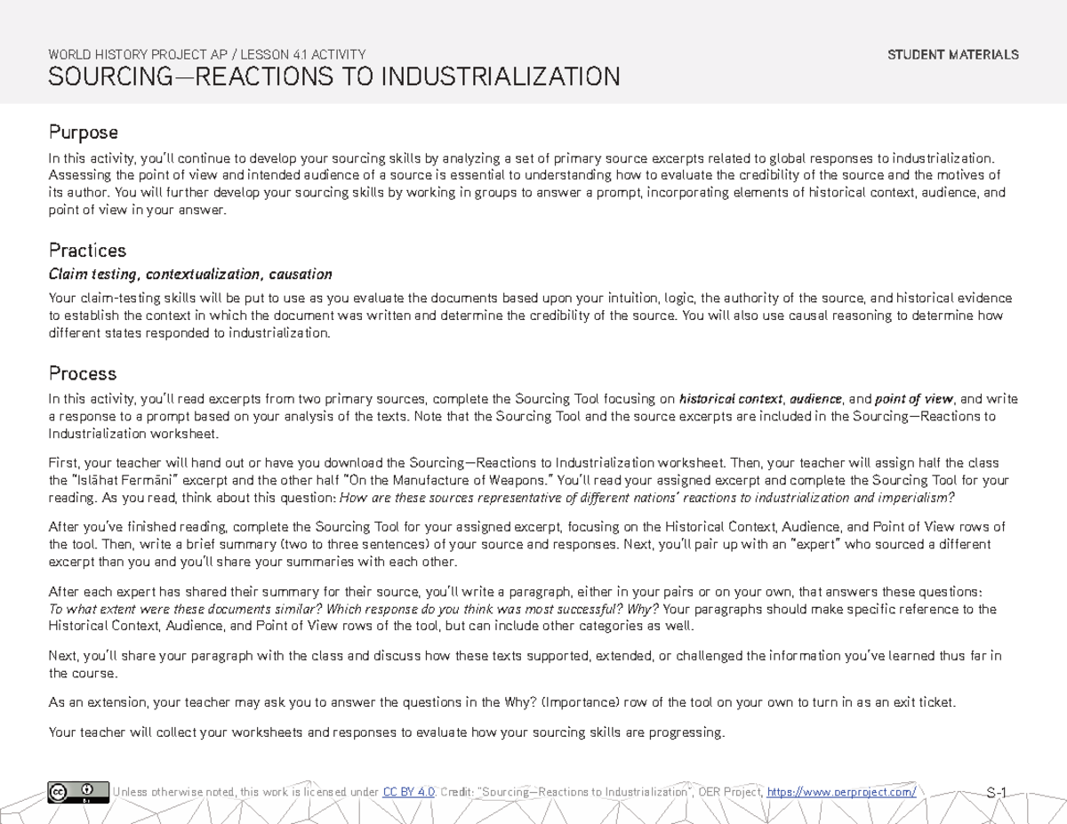 WORLD HISTORY PROJECT AP LESSON 4.1 SOURCING ACTIVITY ON ...