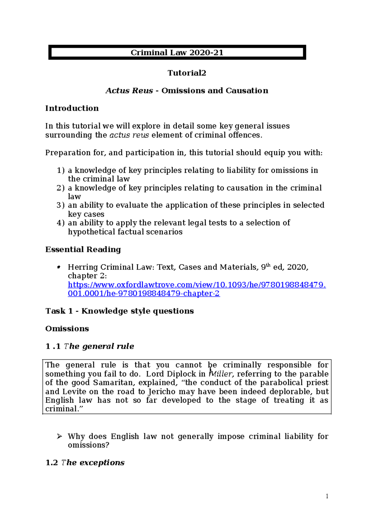 Criminal Law 2020 - Tutorial 2: Omissions & Causation Analysis - Studocu