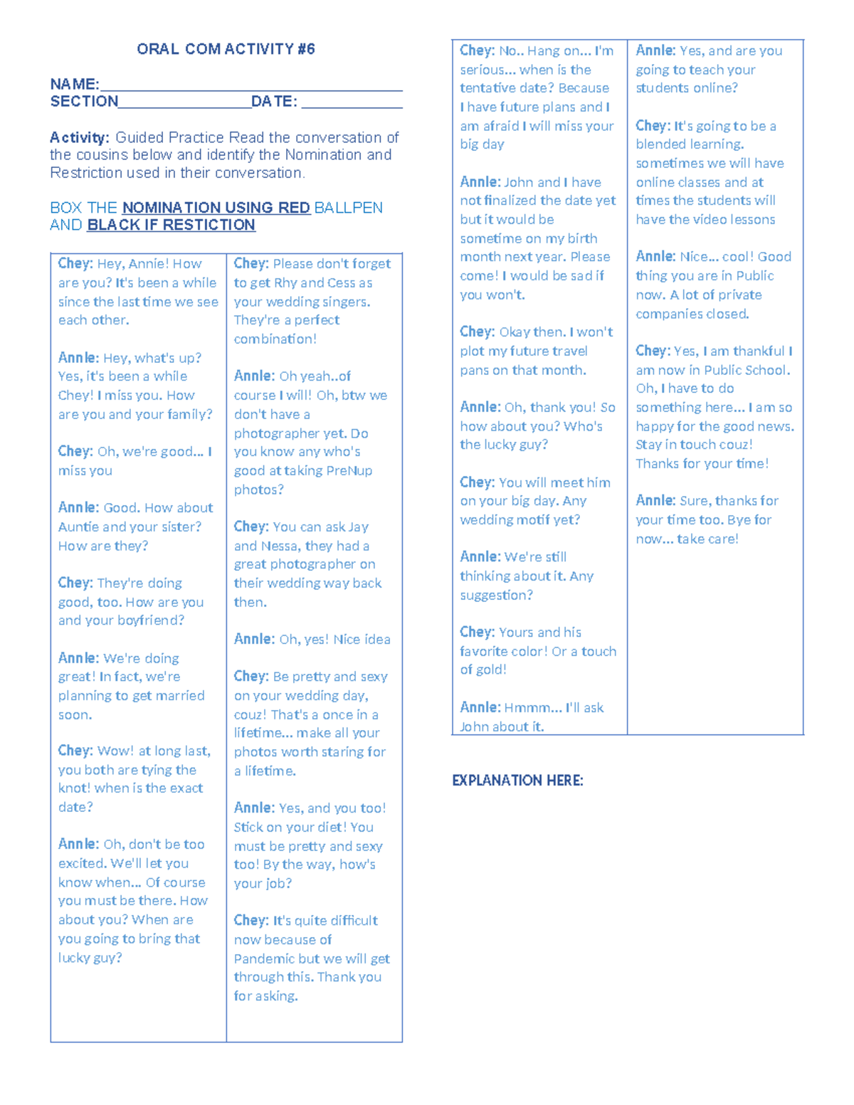 ORAL COM Activity: Nomination & Restriction Identification Exercises ...