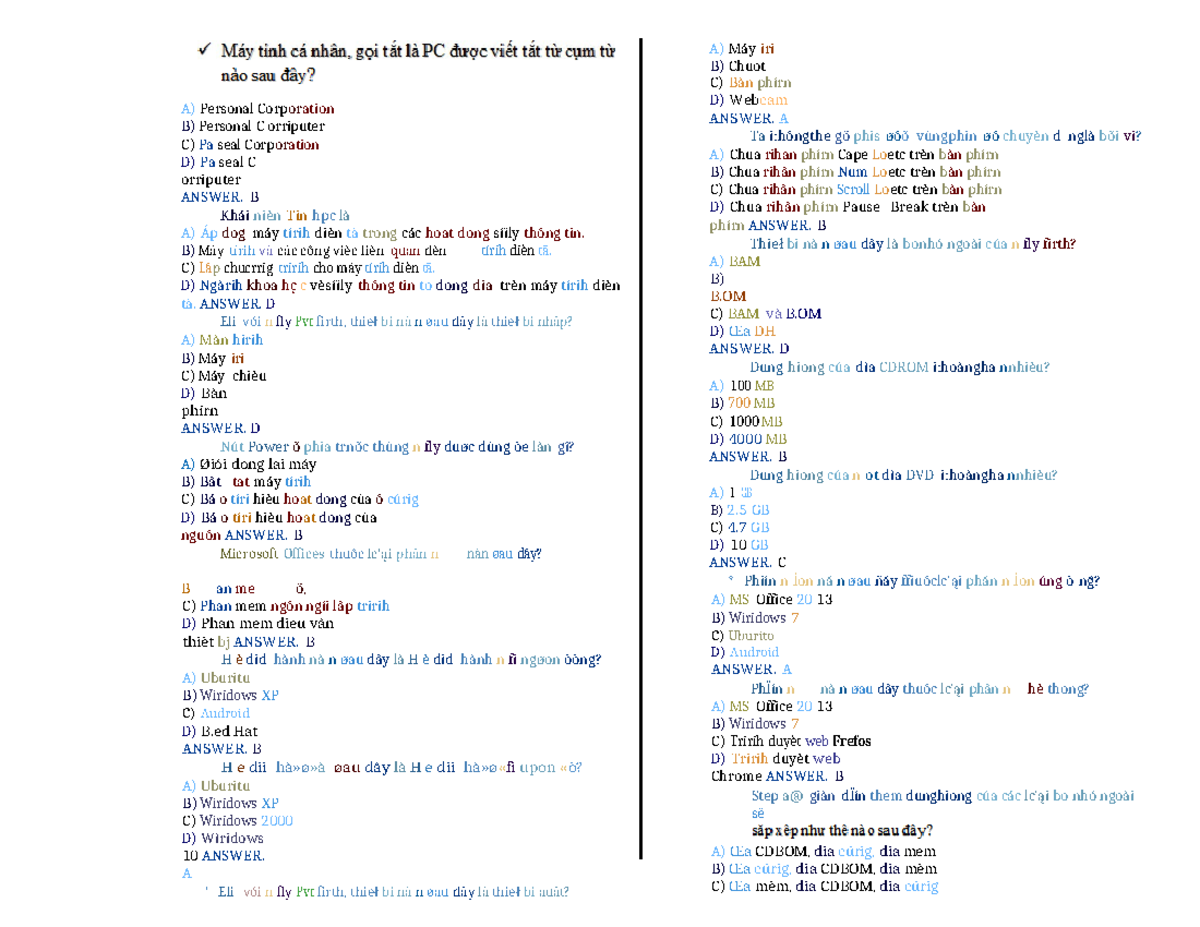 Trắc Nghiệm Tin Học - Mã Khóa Học: vvv - Studocu