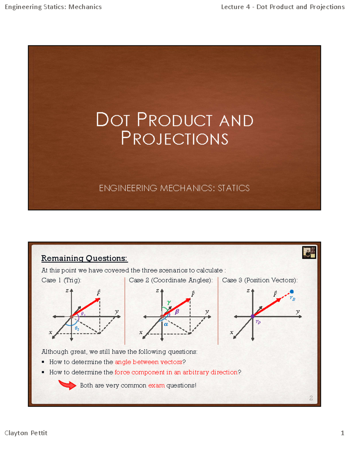 Lecture 4: Understanding Dot Product and Projections in Statics - Studocu