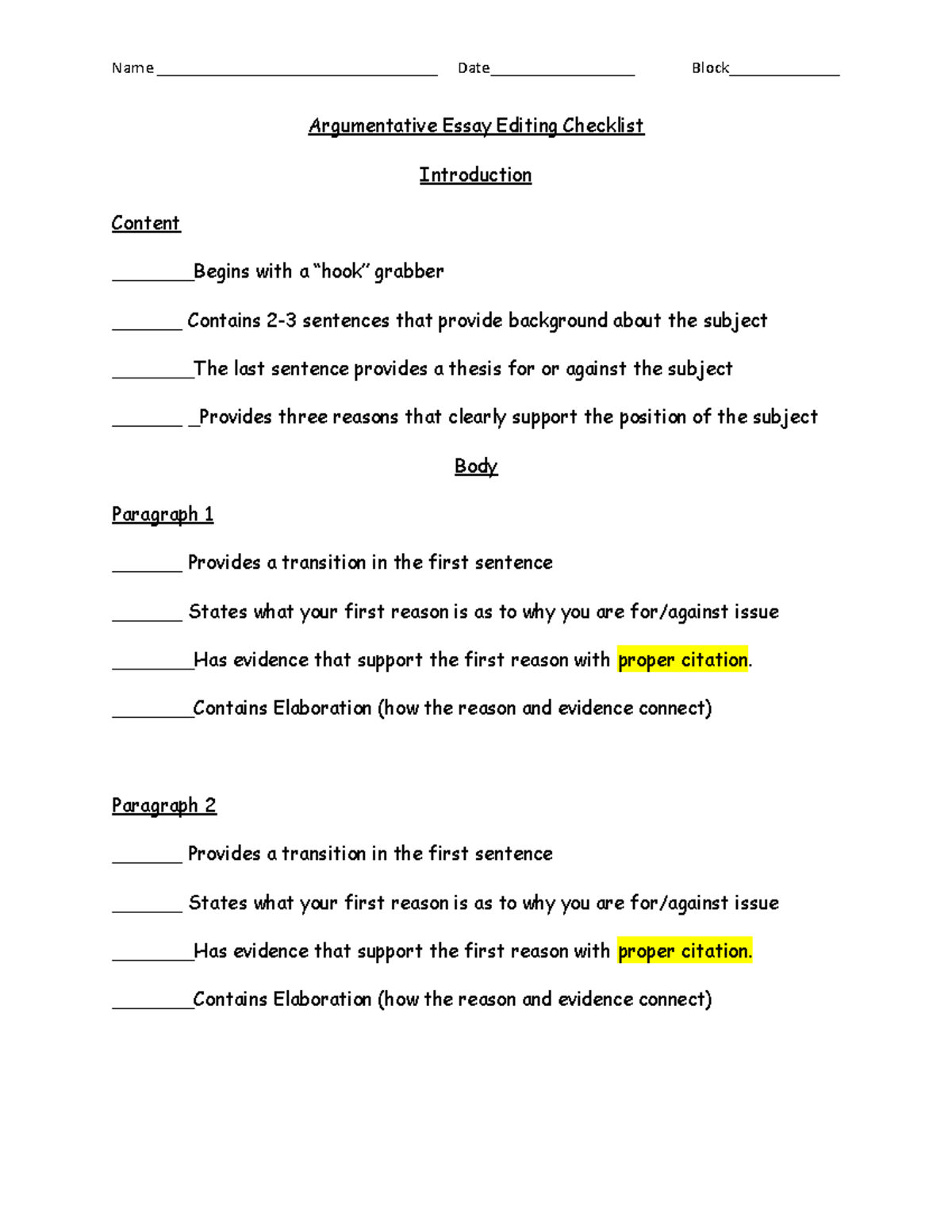 Argumentative Essay Peer Editing Checklist with Counterclaims - Studocu