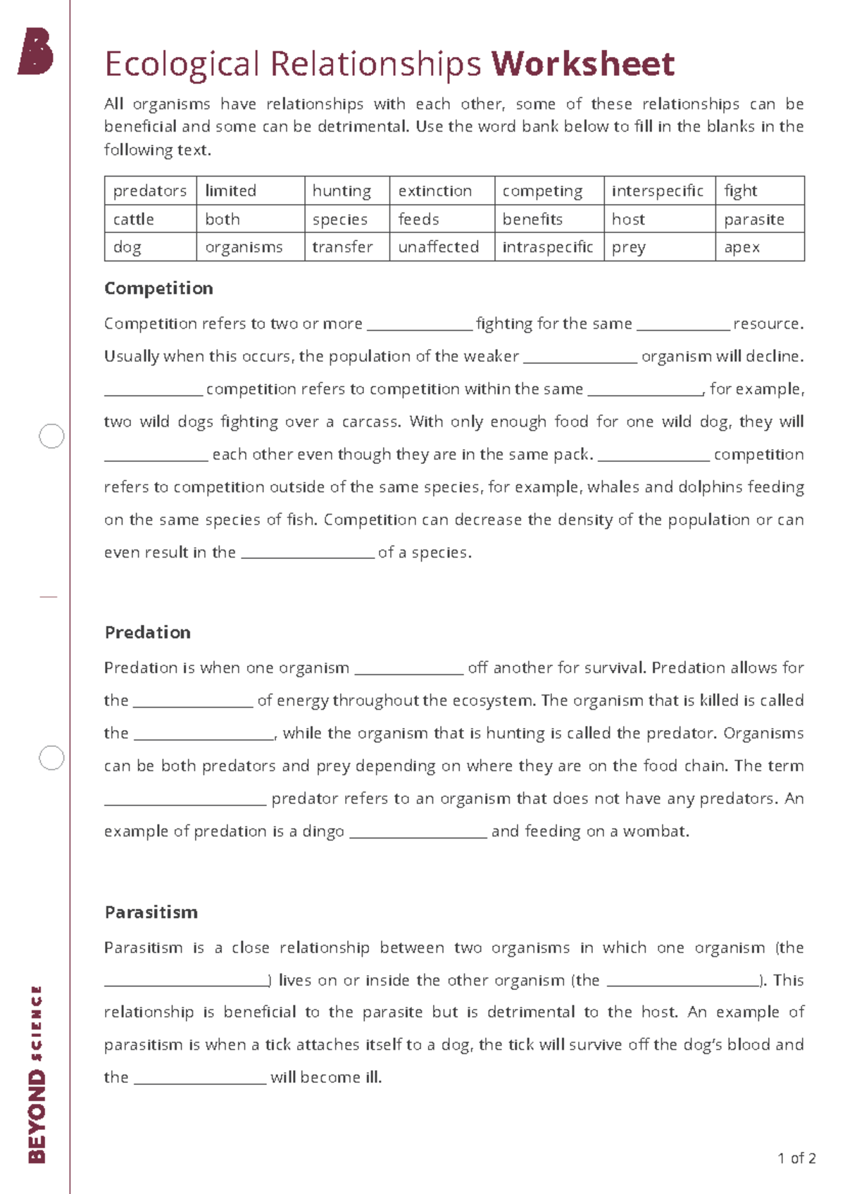 Ecological Relationships Worksheet: Understanding Interactions - Studocu