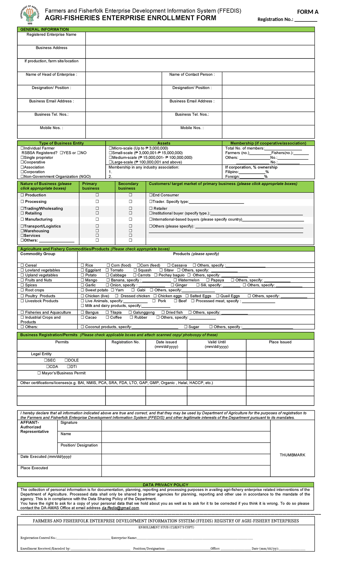 FFEDIS FORM A: Farmers and Fisherfolk Enterprise Enrollment Details ...