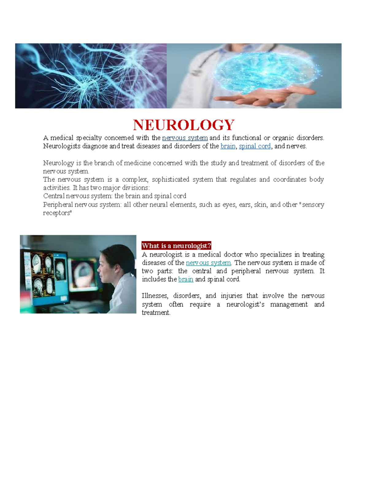 Neurology - Condensed information - NEUROLOGY A medical specialty ...