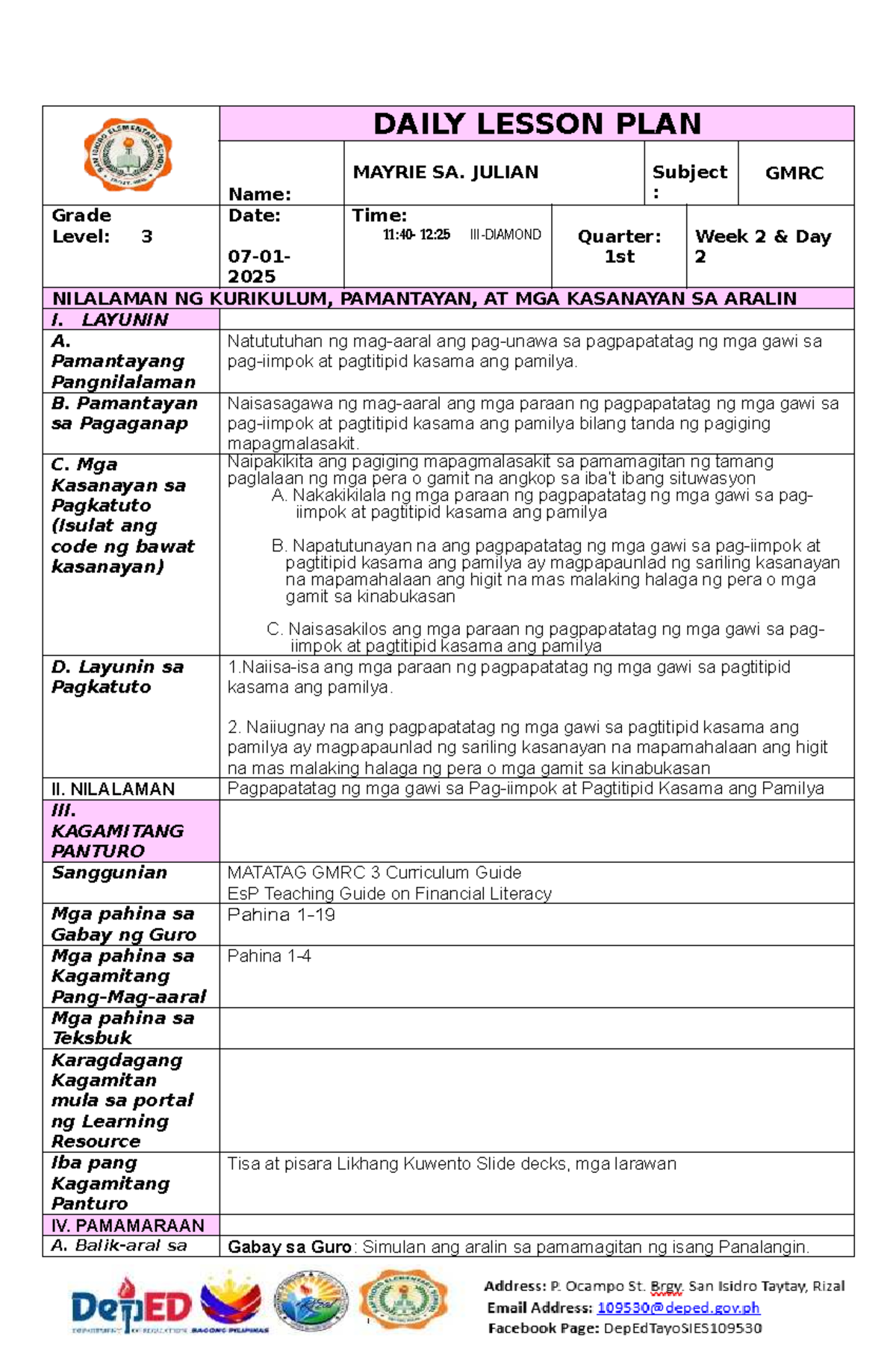 Q1W2D2 GMRC Lesson Plan on Financial Literacy for Grade 3 - Studocu