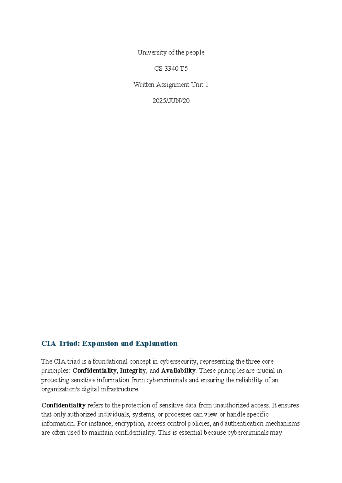 CS 3340 T5 Written Assignment: Understanding the CIA Triad in ...