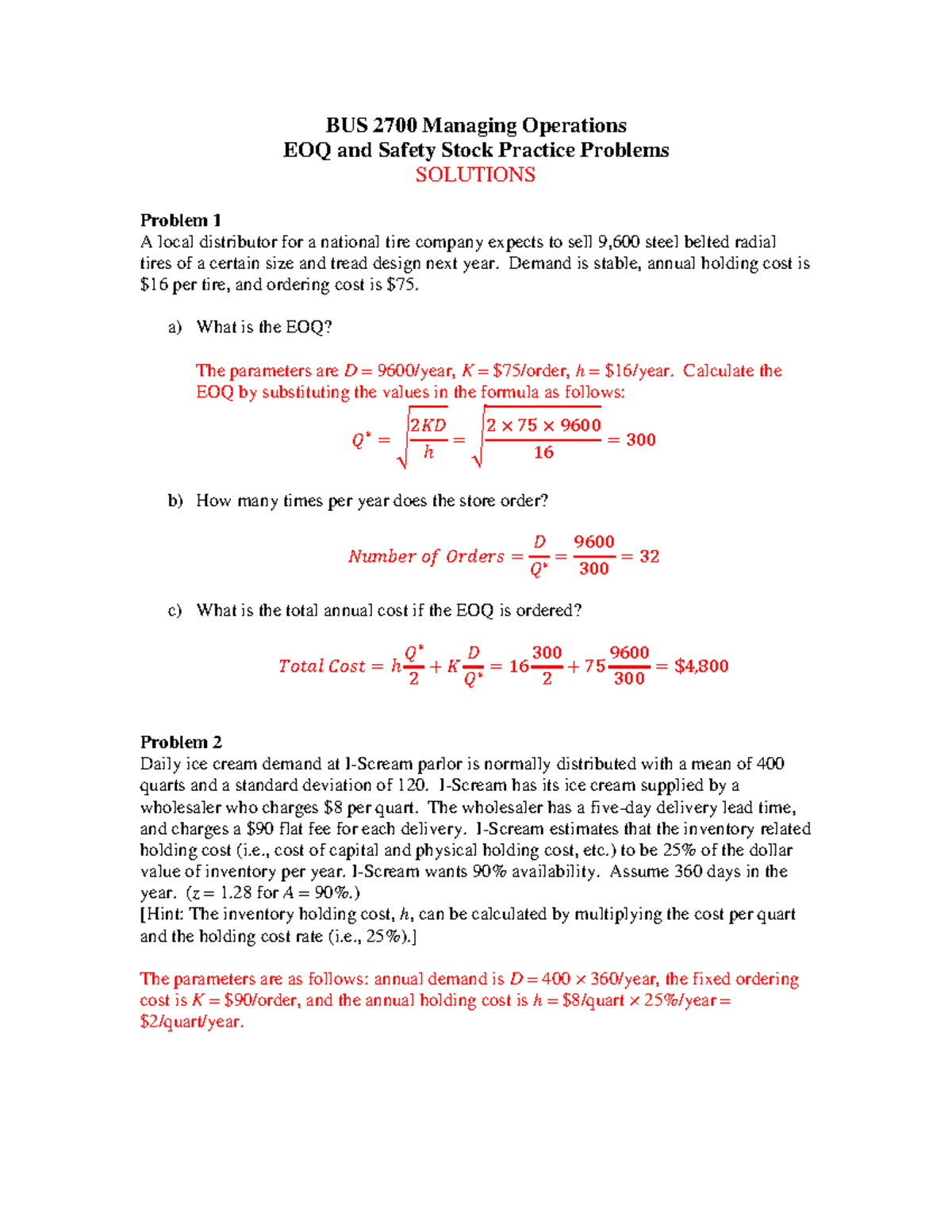 EOQ and Safety Stock Practice Problems Solutions - BUS 2700 Managing ...