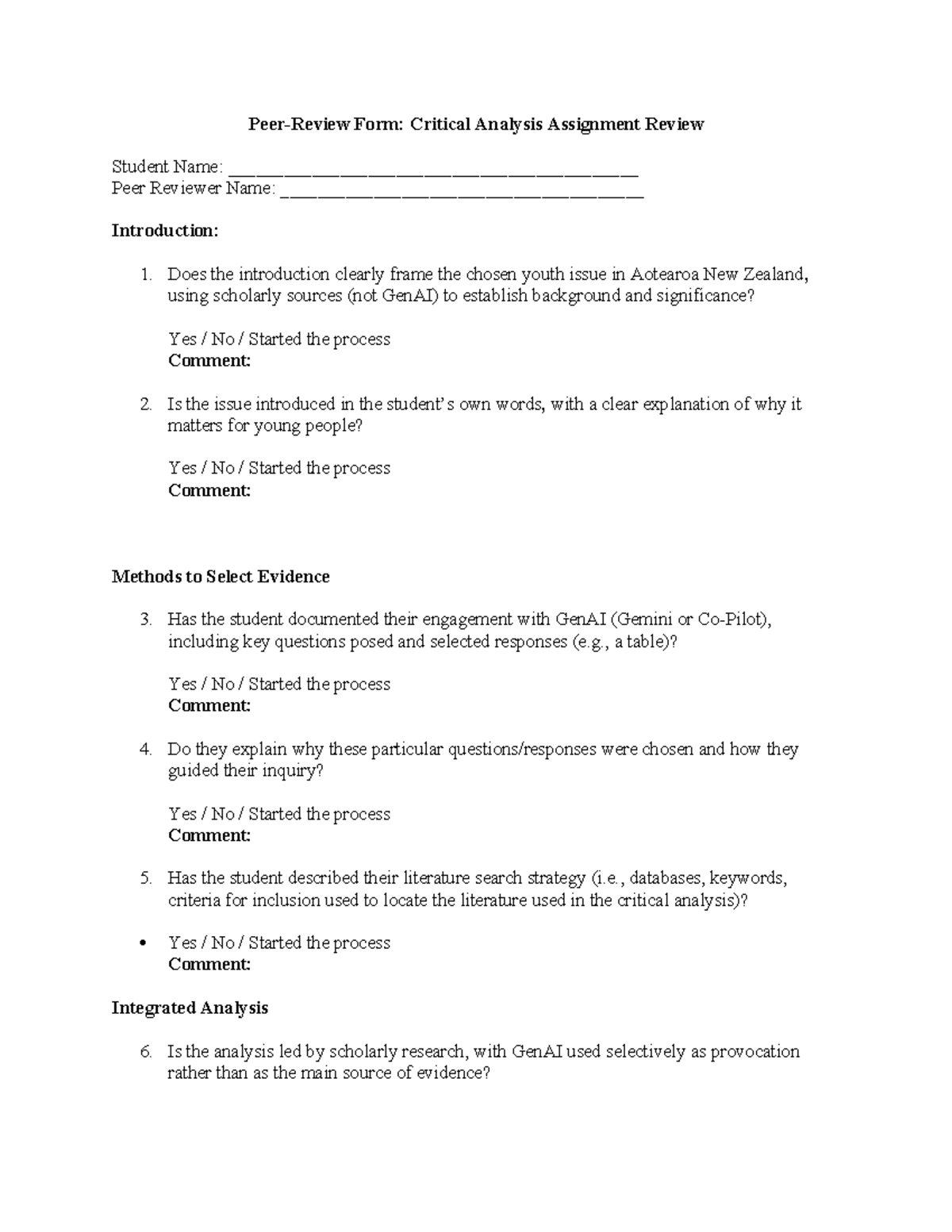 Peer Review Form: Critical Analysis Assignment (Aotearoa NZ) - Studocu