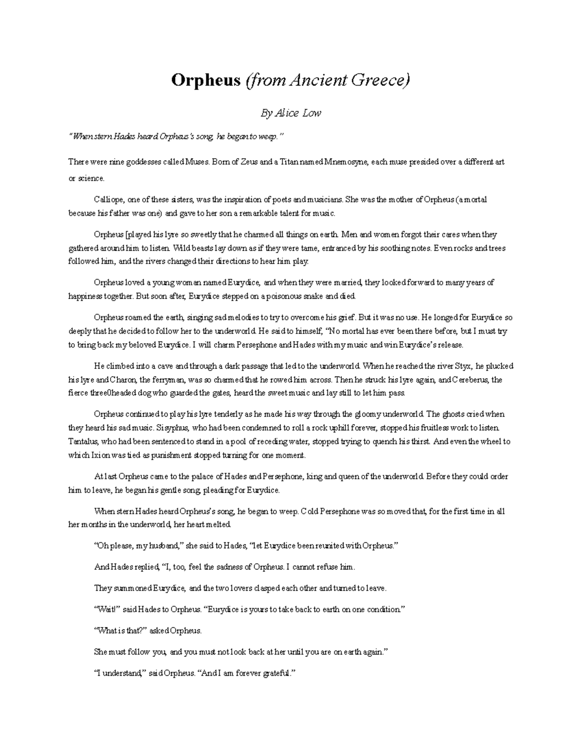 Orpheus and Eurydice: A Retelling of the Ancient Greek Myth - Studocu