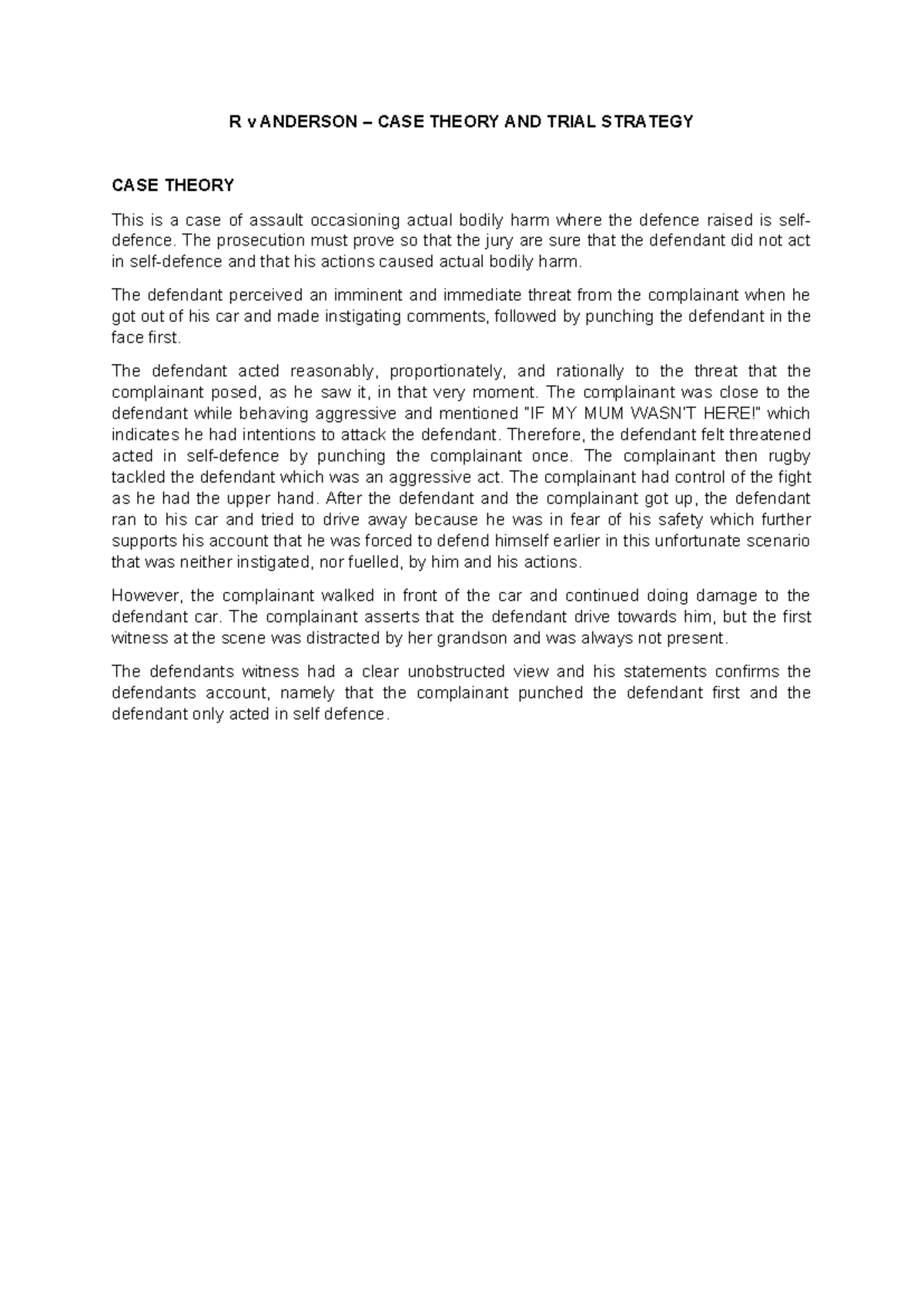 R v Anderson (case theory and trial strategy) - R v ANDERSON – CASE ...
