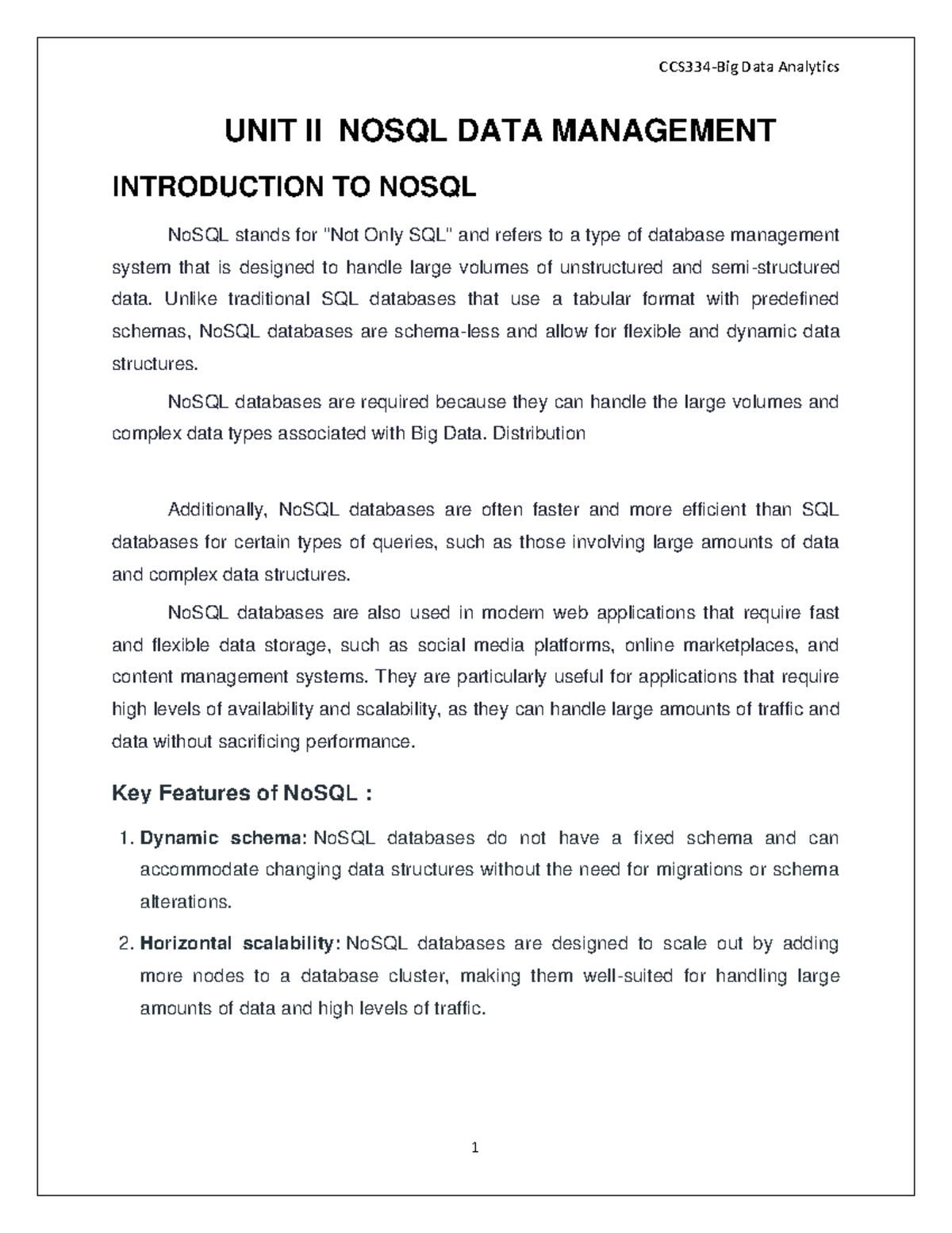 Data Analytics UNIT II: Introduction to NoSQL Data Management - Studocu