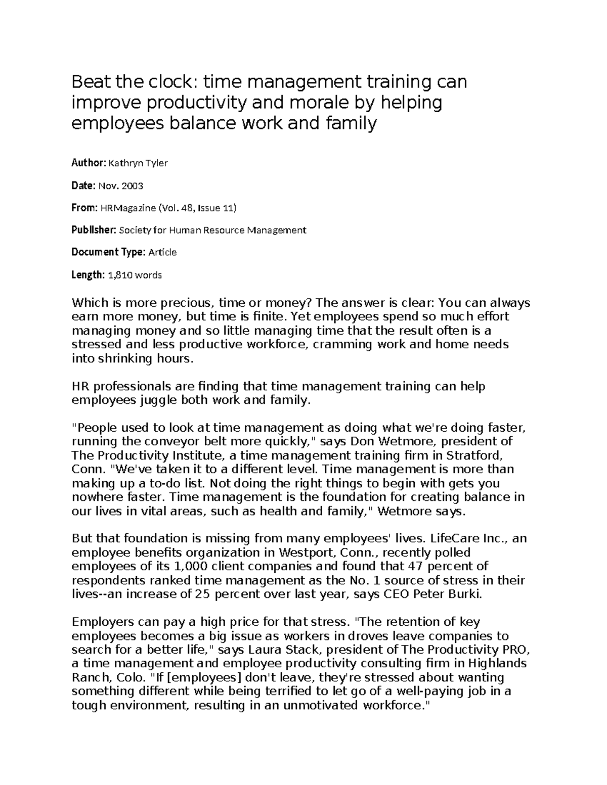ENG 130 Article on Time Management Training for Work-Life Balance - Studocu