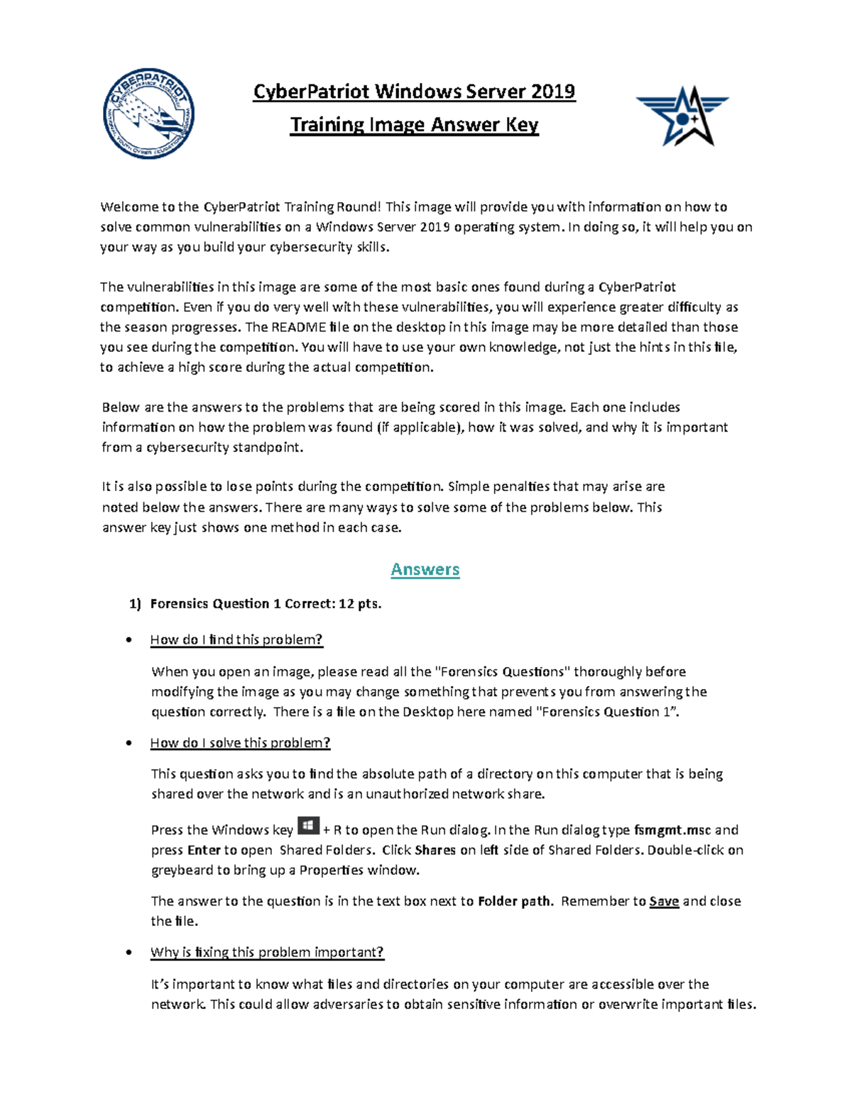 CP17 Windows Server 2019 CyberPatriot Training Answer Key Guide - Studocu