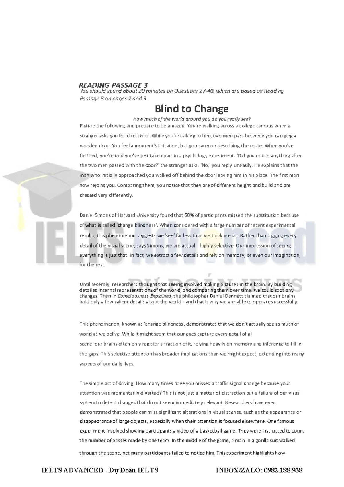 IELTS ADVANCED Reading Passage 3: Understanding Change Blindness - Studocu