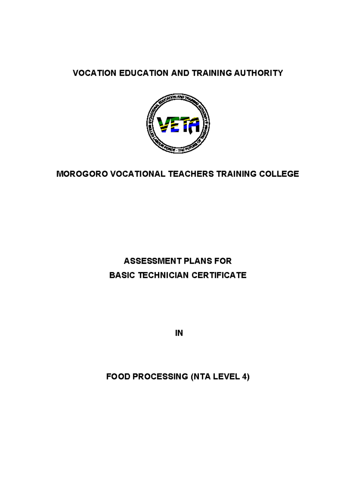 Assessment Plans for Basic Technician Certificate in Food Processing ...