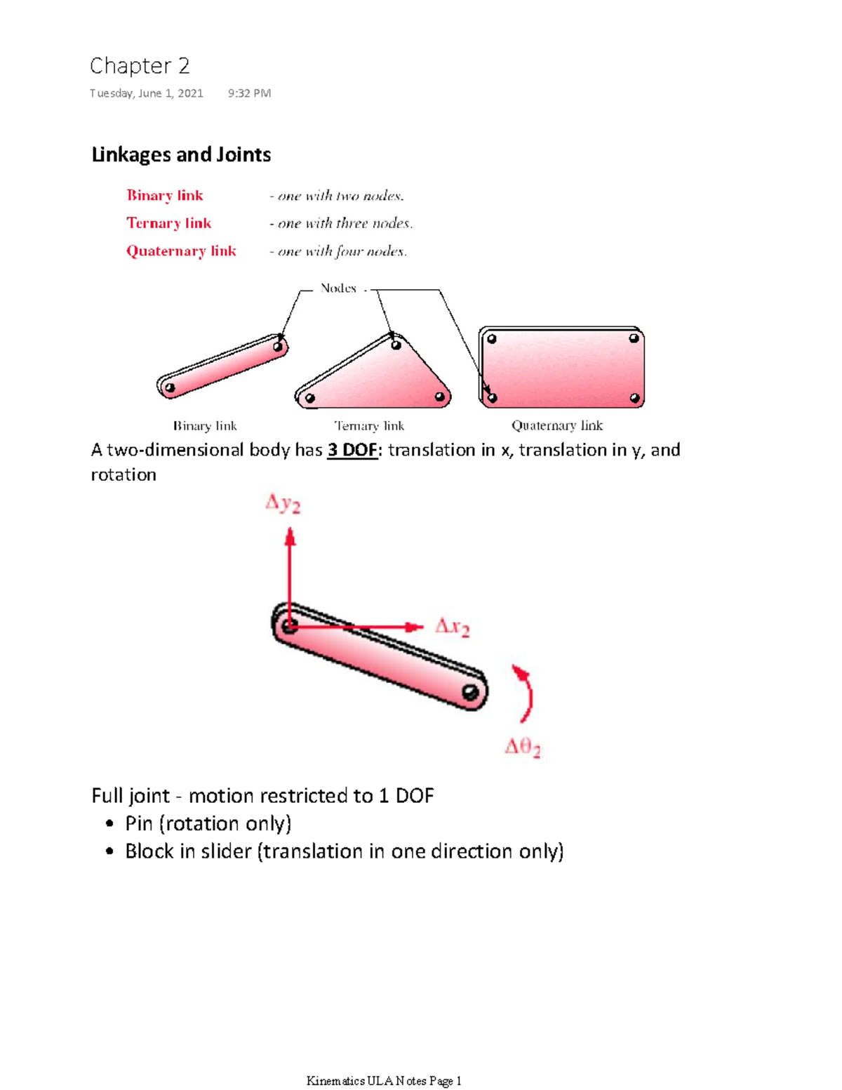 Kinematics ULA Chapter 2: Linkages and Joints Overview - Studocu