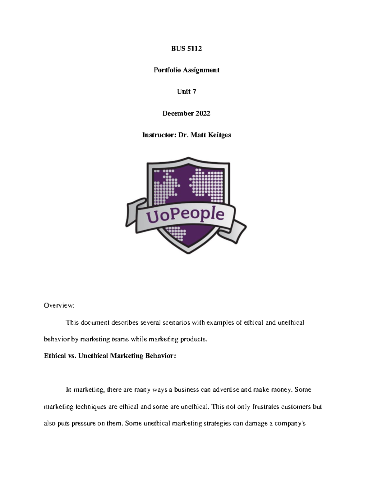 BUS 5112 Portfolio Activity Unit 7 - BUS 5112 Portfolio Assignment Unit ...