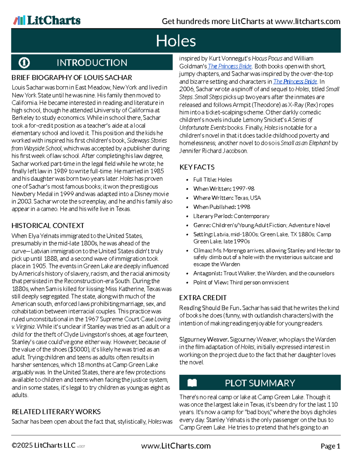 Holes (INTR) - Comprehensive LitChart Study Guide and Analysis - Studocu