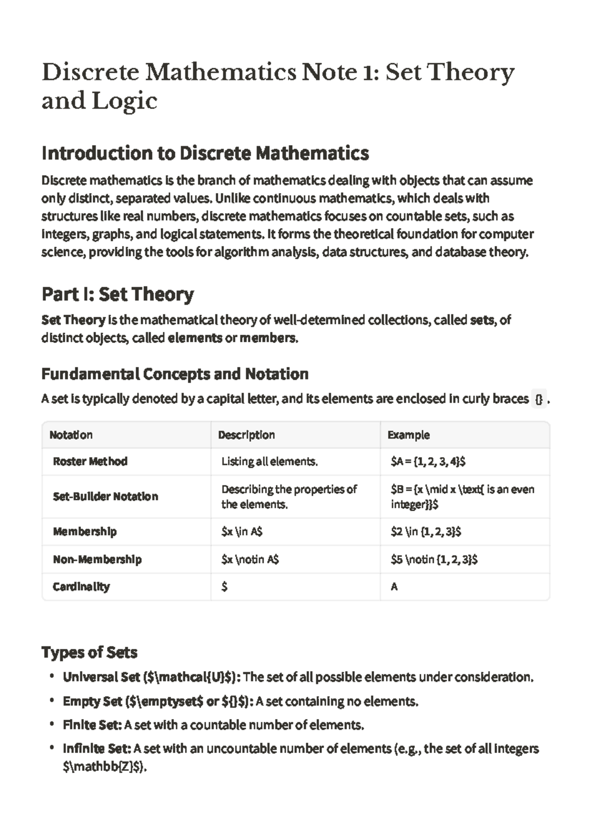 Discrete Math Notes 1: Set Theory & Logic Overview - Studocu