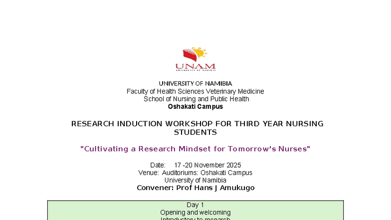 Research Induction Workshop Programme for 3rd Year Nursing Students ...