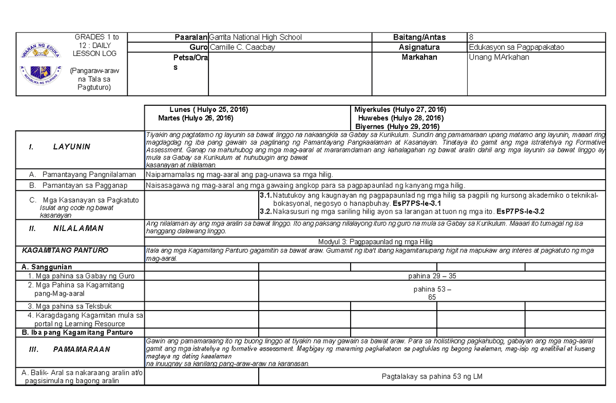 Daily Lesson Log: Edukasyon sa Pagpapakatao ESP 7 - 1st Quarter - Studocu