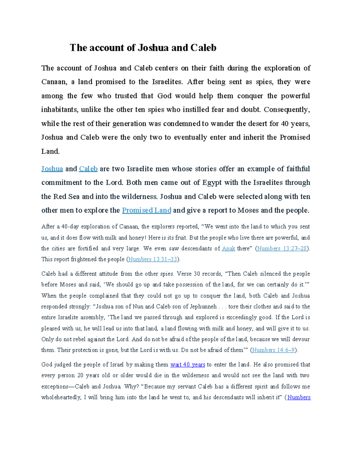 The Account of Joshua and Caleb: Faithful Spies in Canaan (SS 8) - Studocu