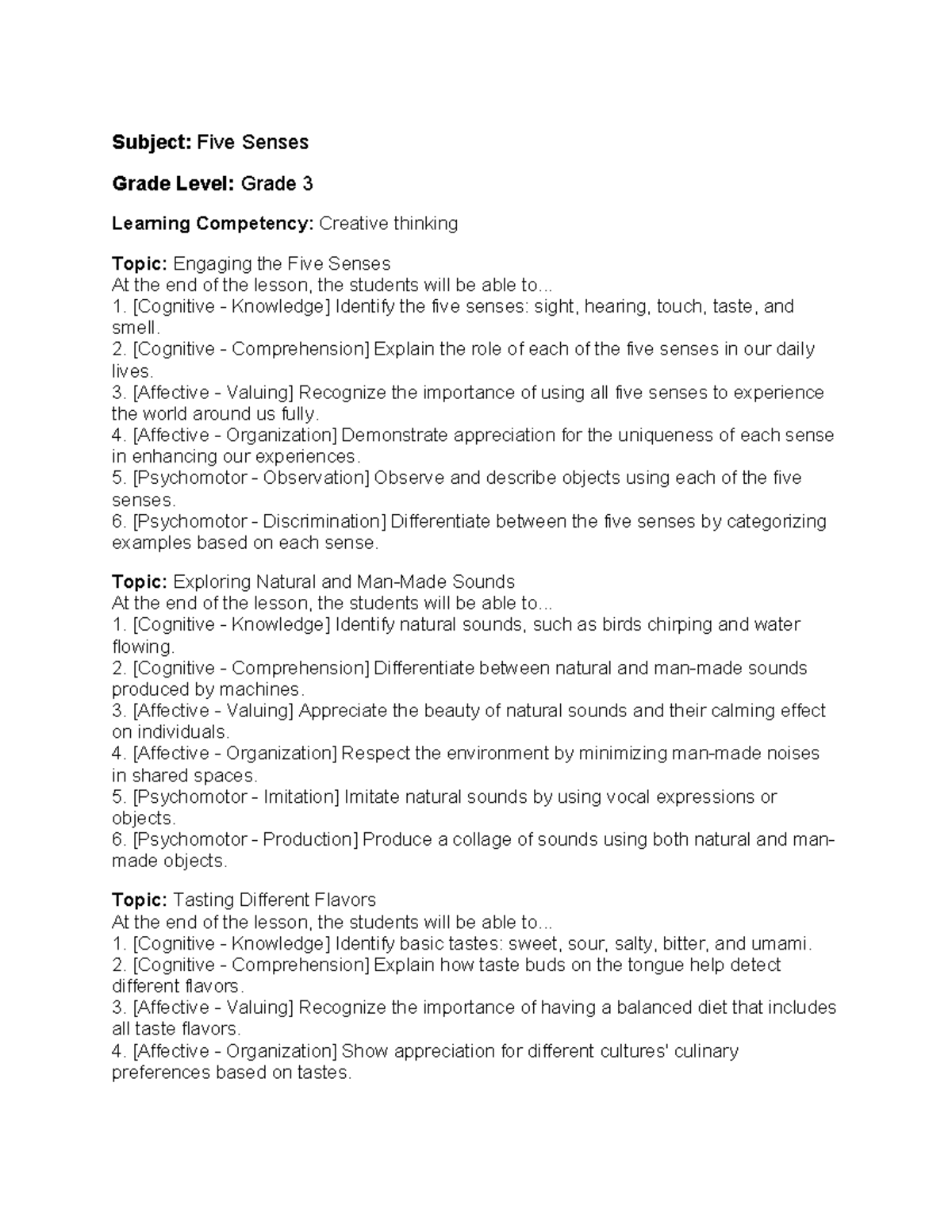 Grade 3 Learning Competency: Engaging the Five Senses - Studocu