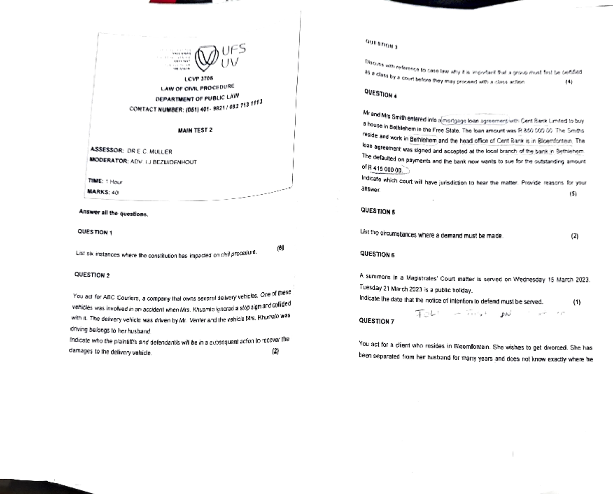 Civil Law Procedure - Past Test Papers for LCVP 3708 (2023) - Studocu