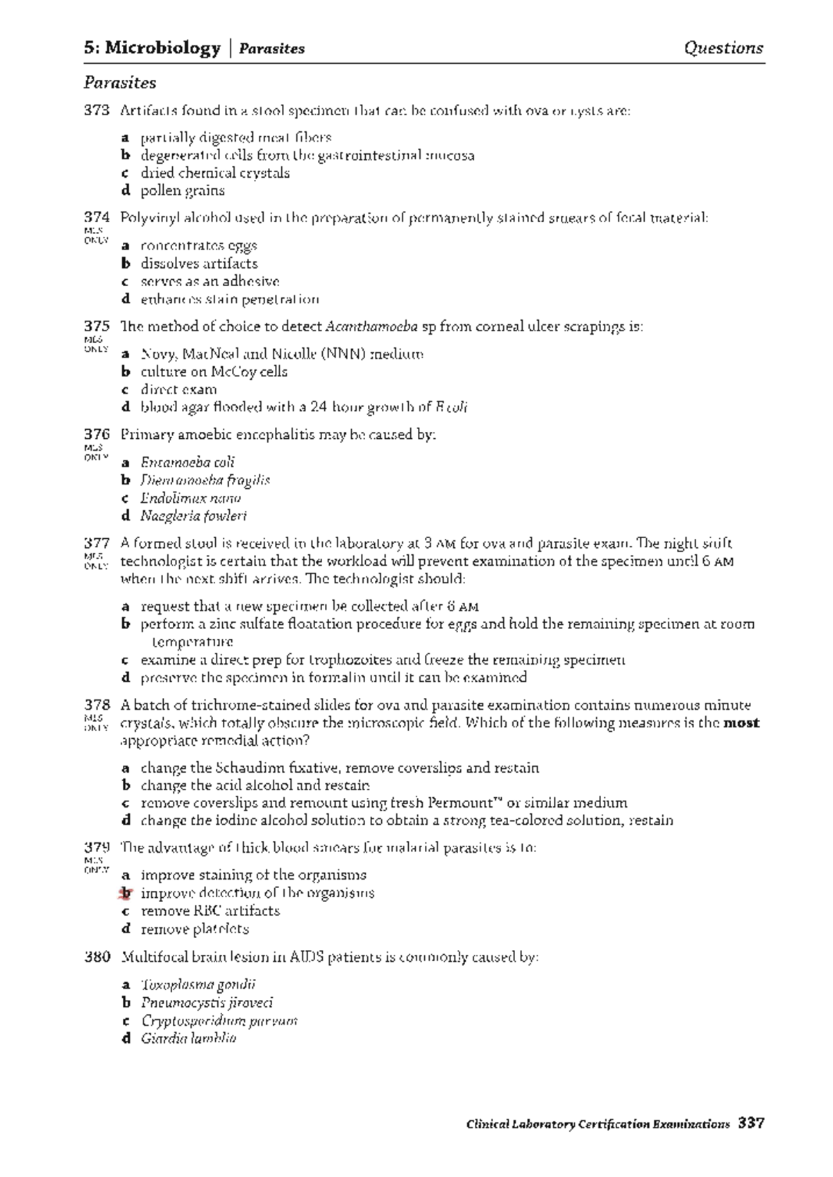 5: Microbiology MLS Exam Review: Parasites Questions 373-401 - Studocu