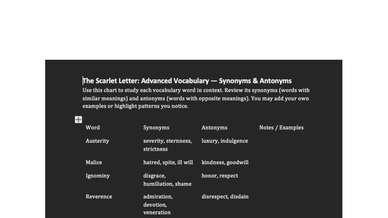 The Scarlet Letter: Advanced Vocabulary Synonyms & Antonyms Study Guide ...