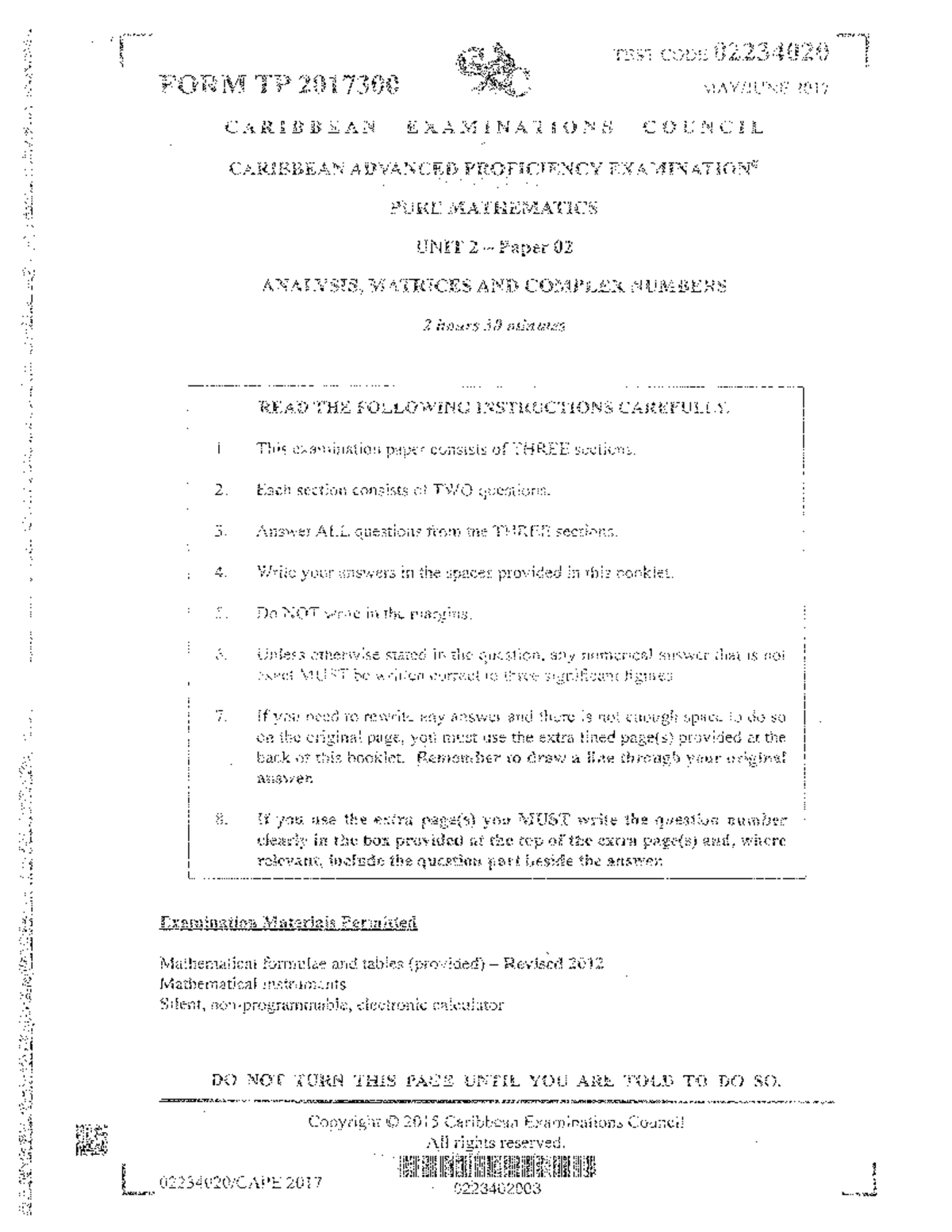 CAPE Pure Mathematics 2017 Unit 2 Paper 02 Exam Guide - Studocu