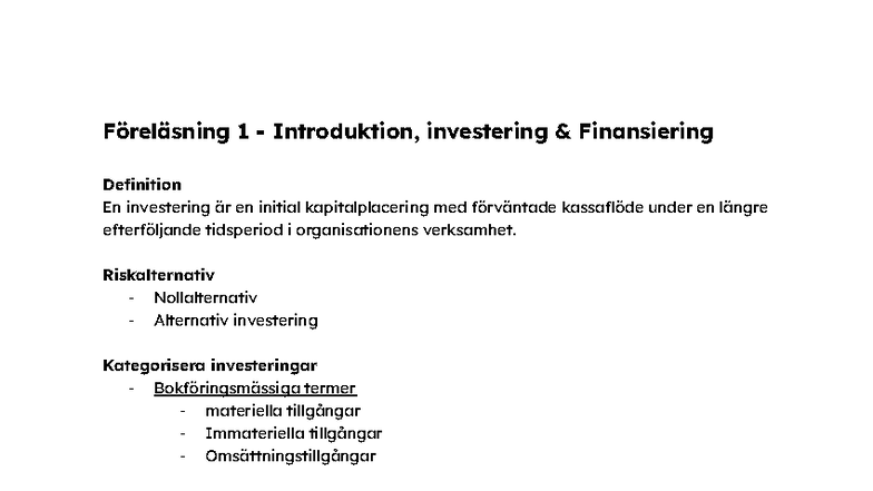 FEK203 - Lektionsanteckningar om Investering och Finansiering - Studocu