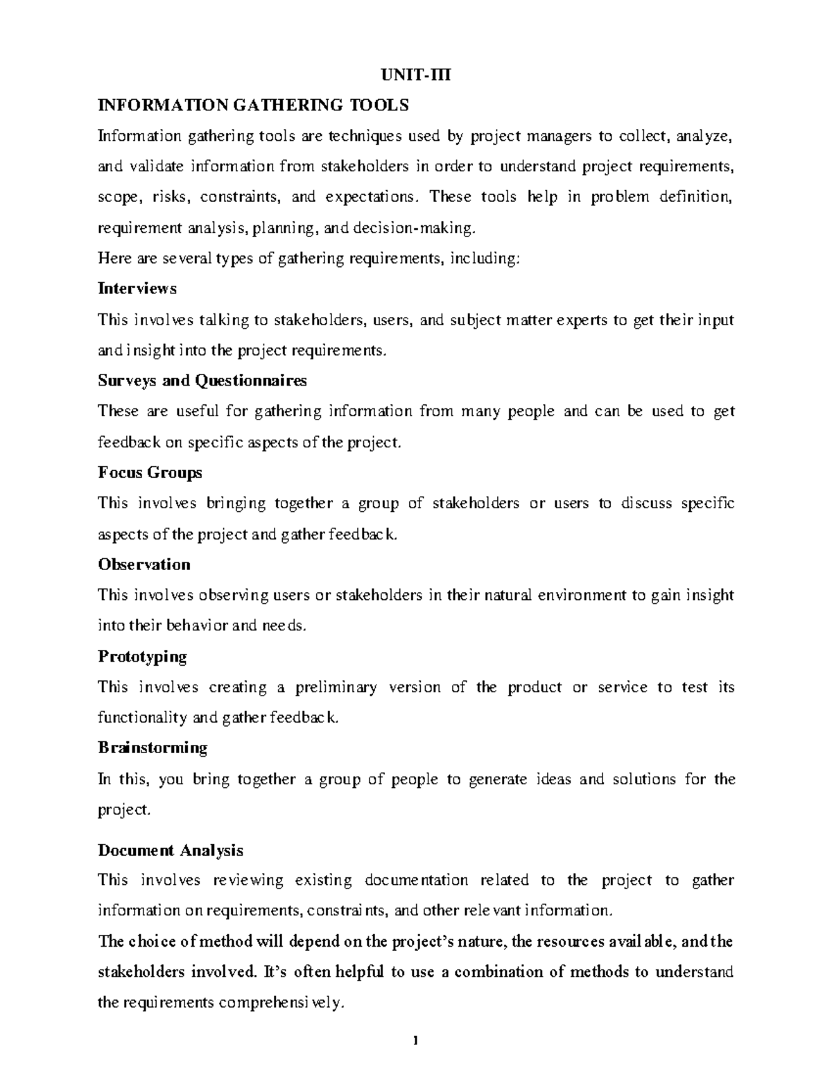 UNIT-III: Information Gathering Tools for Project Management - Studocu