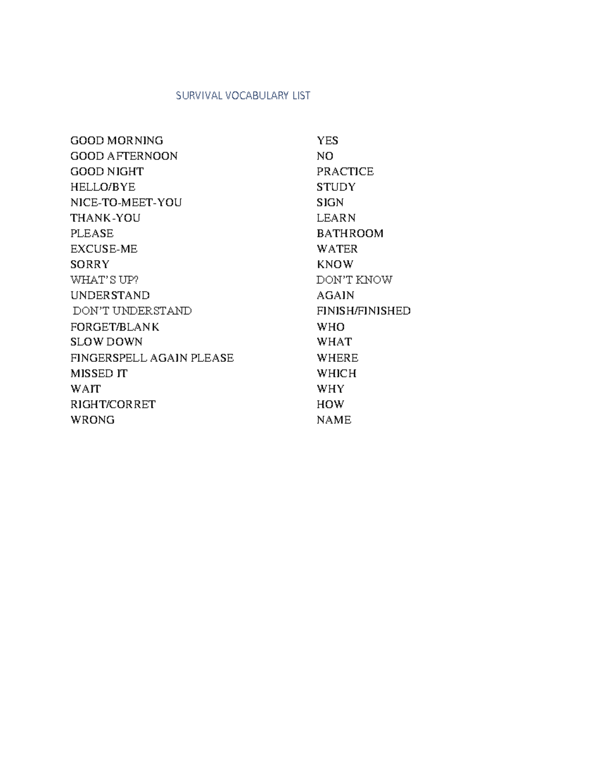 Survival+ Vocabulary+LIST+updated - SURVIVAL VOCABULARY LIST GOOD ...