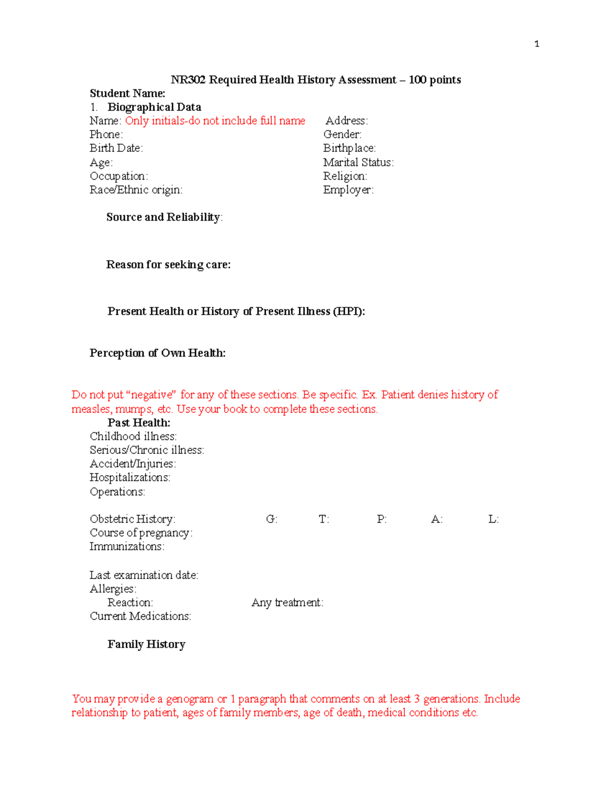 NR302 Health History Assessment Template & Notes (2024) - Studocu