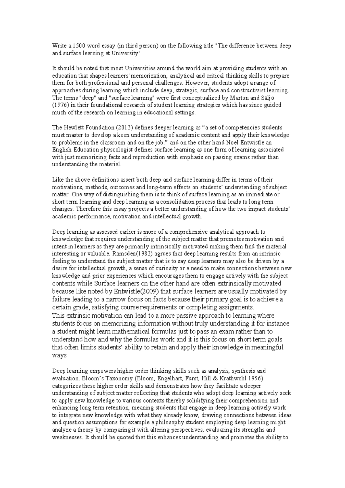 Qn.4 Deep vs Surface Learning: A Final Essay Analysis - Studocu