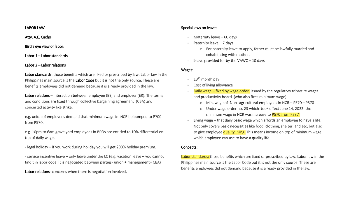 Labor Law 101: Comprehensive Prelim Reviewer for Course LB 101 - Studocu