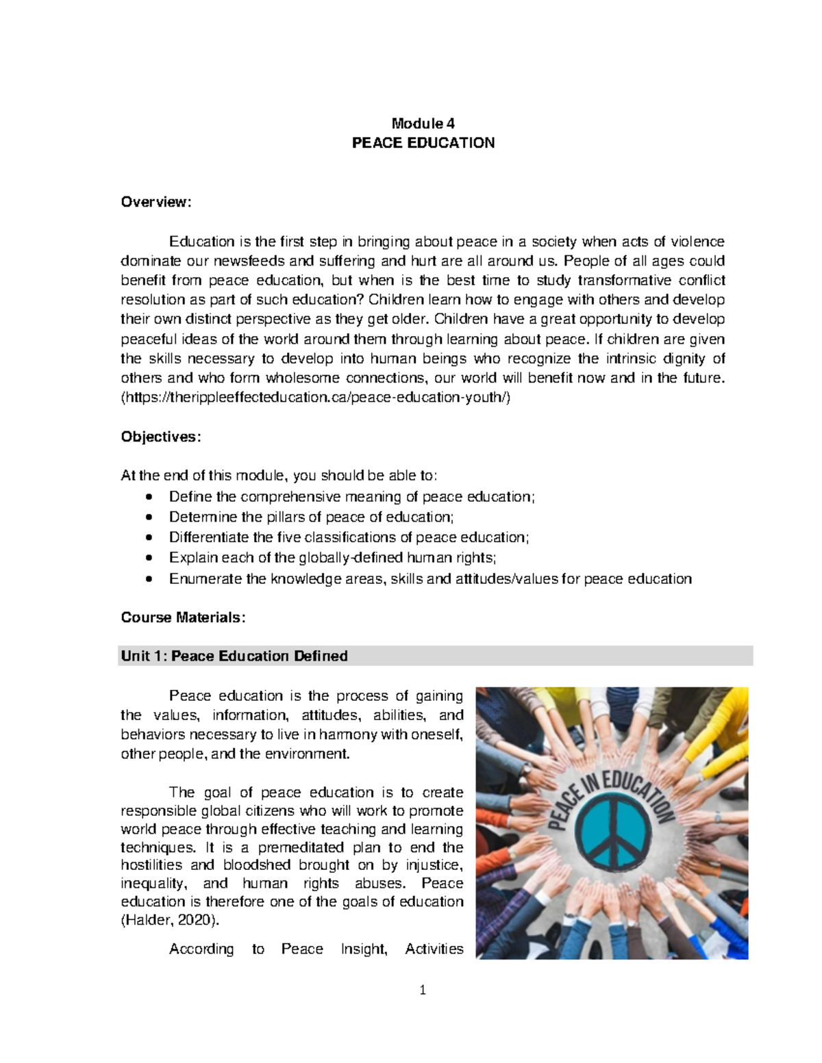 Module 4 - Comprehensive Overview of Peace Education Principles - Studocu