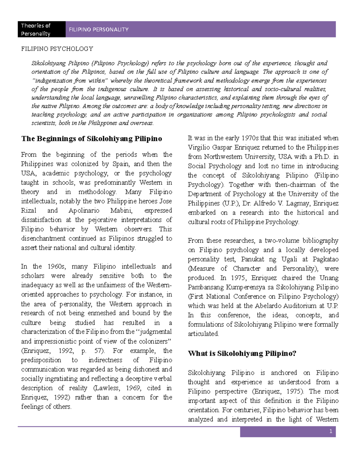 Filipino Psychology Concepts - PSY 101 Personality Overview - Studocu