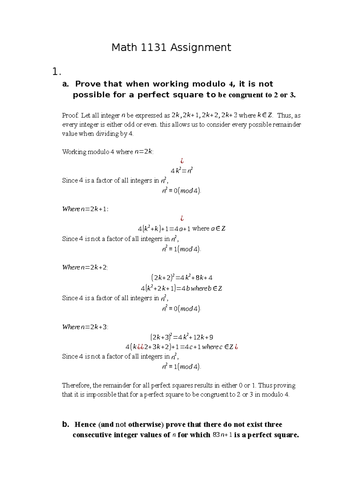 Math 1131 Assignment 1: Proofs on Perfect Squares Modulo 4 - Studocu