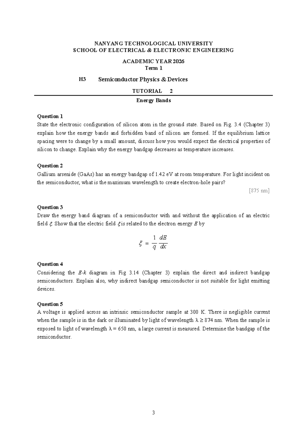 H3 Semiconductor Physics Devices Tutorials 2-6 - Key Concepts and ...