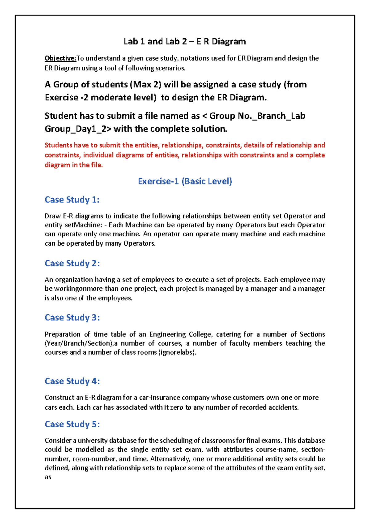 DBMS Lab 1 & Lab 2: ER Diagram Case Studies Overview - Studocu