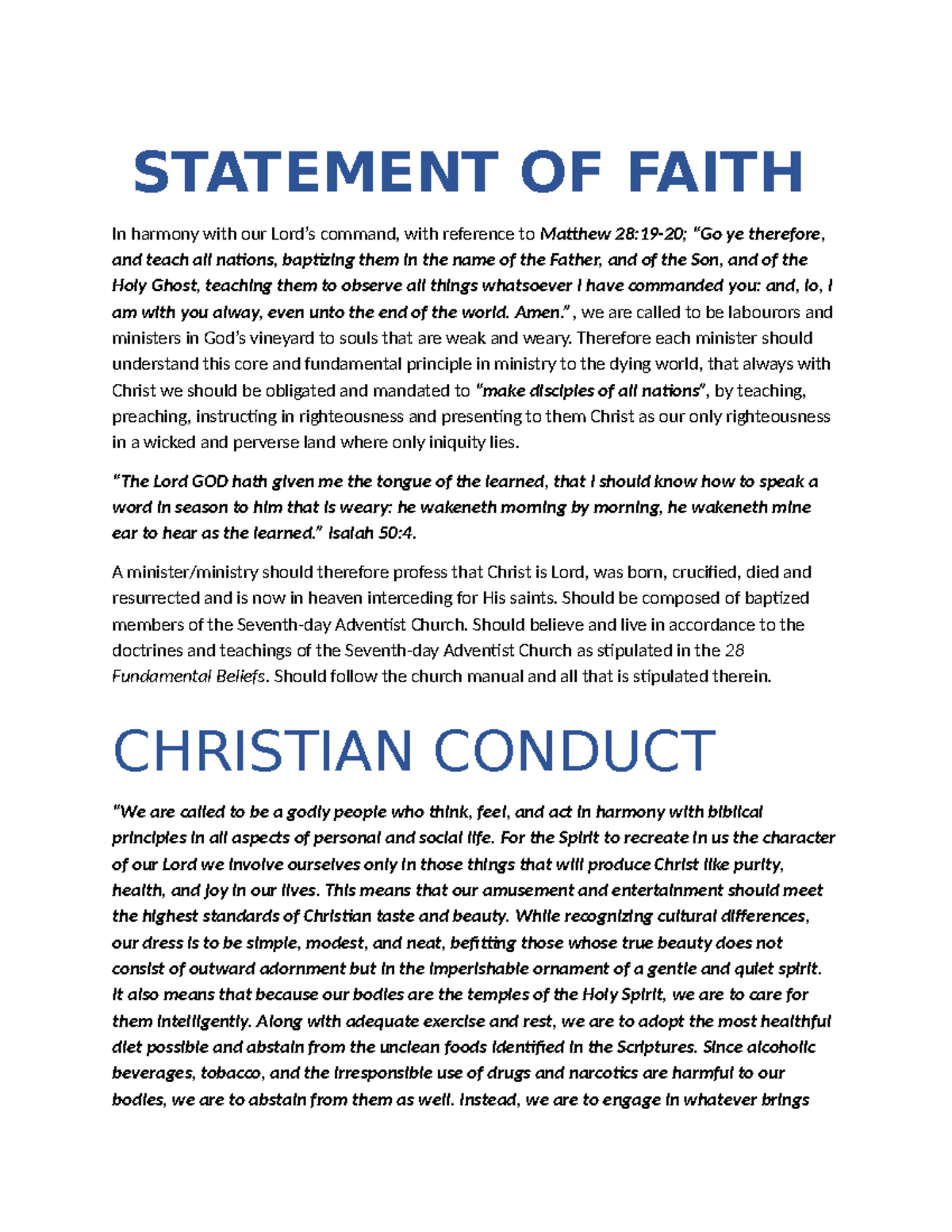 Statement OF Faith and Christian Conduct - STATEMENT OF FAITH In ...