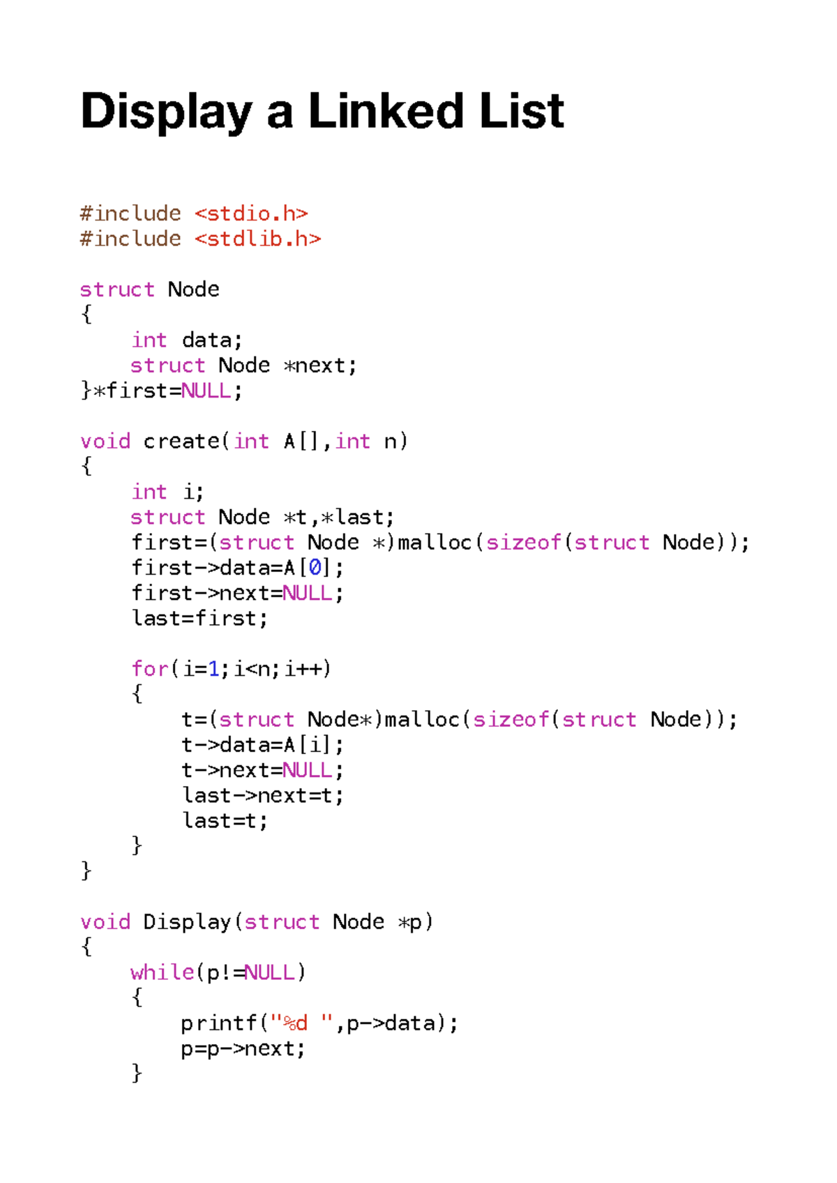 Linked List - Algorithm - Display a Linked List #include #include - Studocu