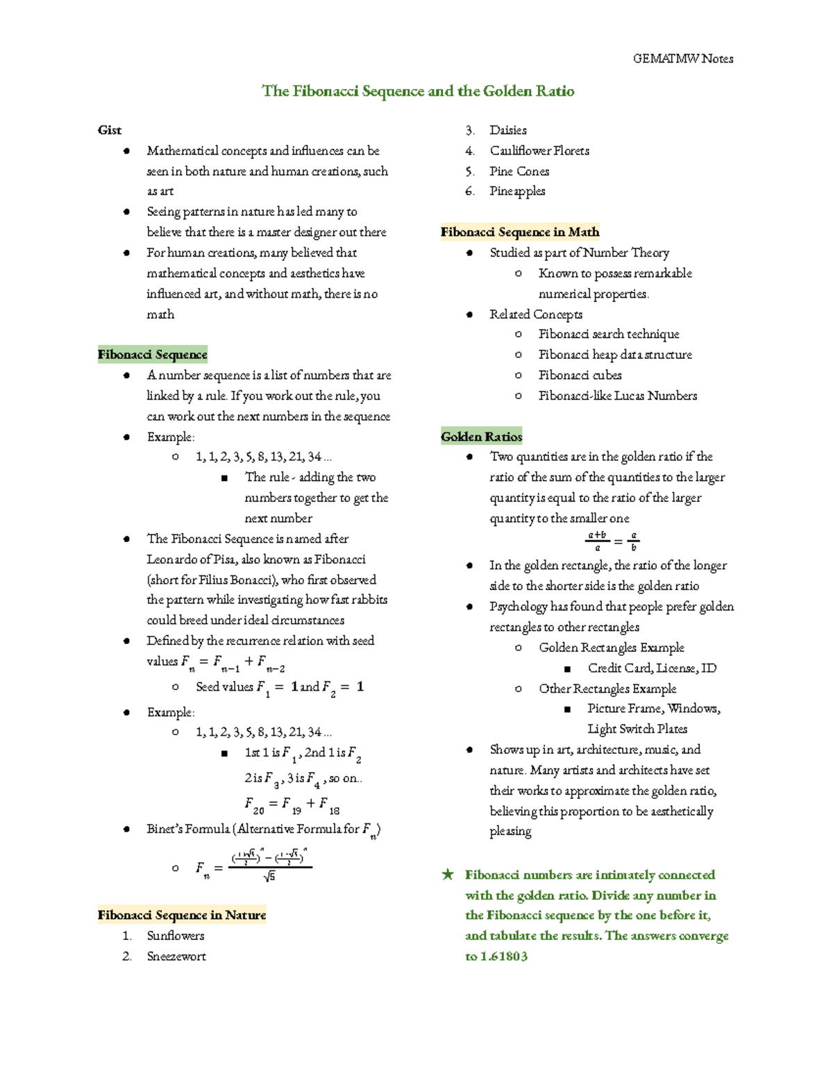 GEMATMW Final Exam Notes: The Fibonacci Sequence & Golden Ratio - Studocu
