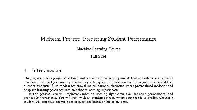 Midterm Project: Predicting Student Performance in ML Course (Fall 2024 ...