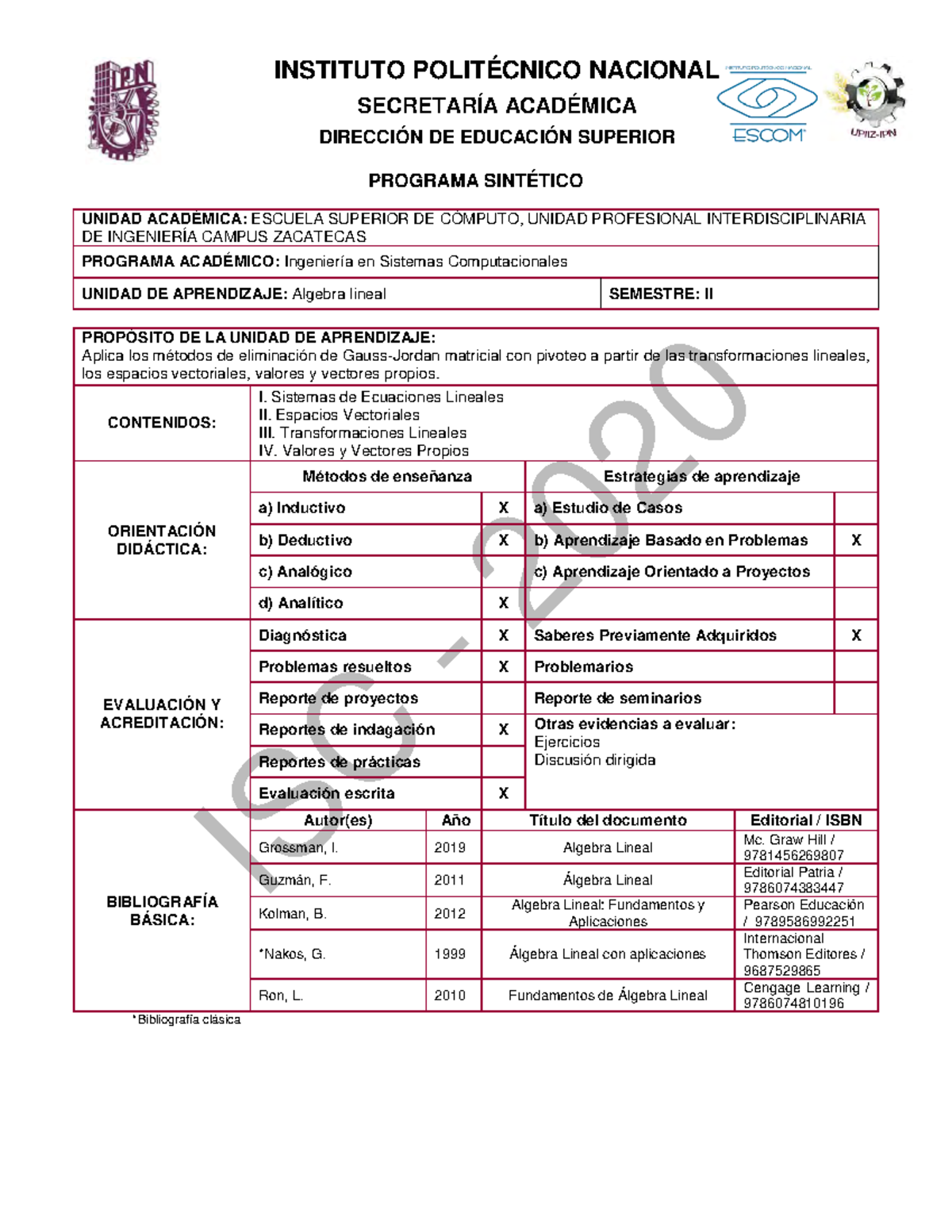 Unidad de Aprendizaje: Algebra Lineal ISC2020 - Programa y Contenidos ...
